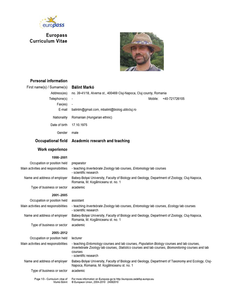Europass Curriculum Vitae: Personal Information Bálint Markó | PDF | Zoology | Science