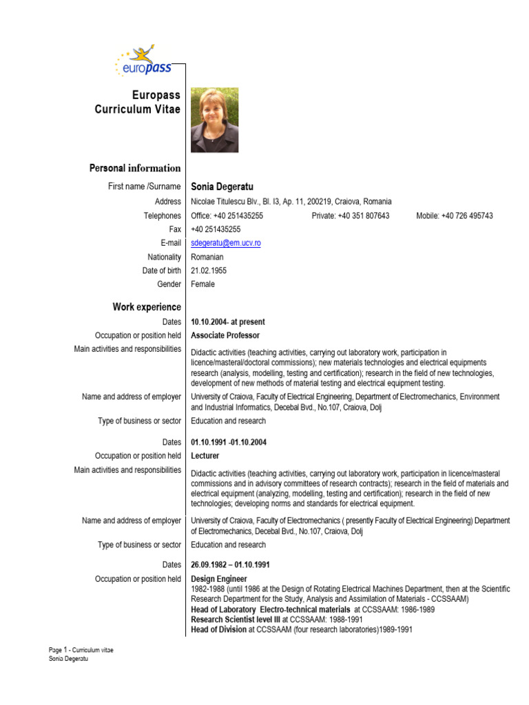 Europass Curriculum Vitae: Personal Information Sonia Degeratu | PDF | Electrical Engineering ...
