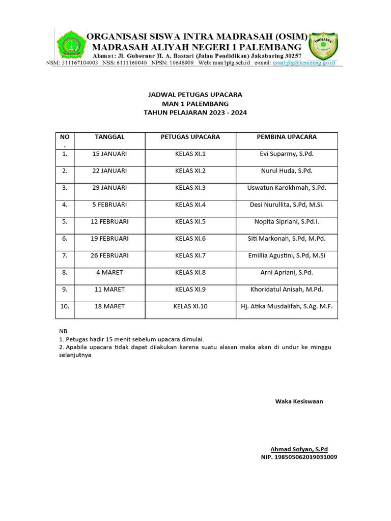JADWAL PETUGAS UPACARA Tahun Ajaran 2023 2024 | PDF