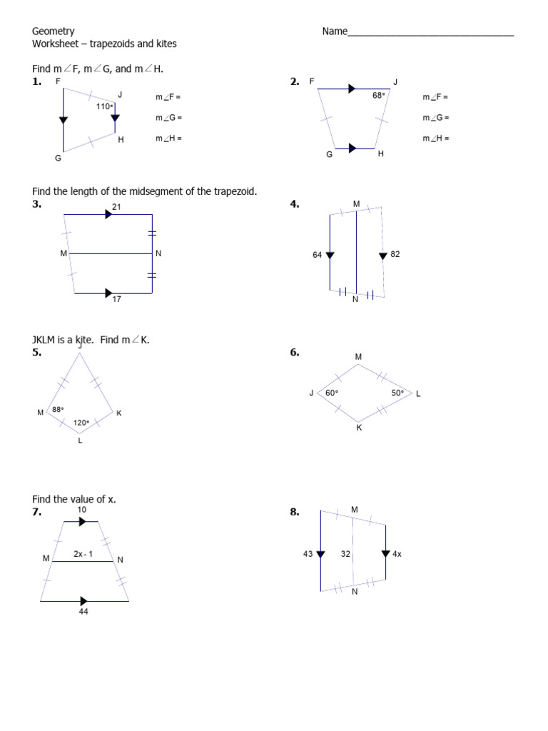 Trapezoids and Kites Worksheet | PDF
