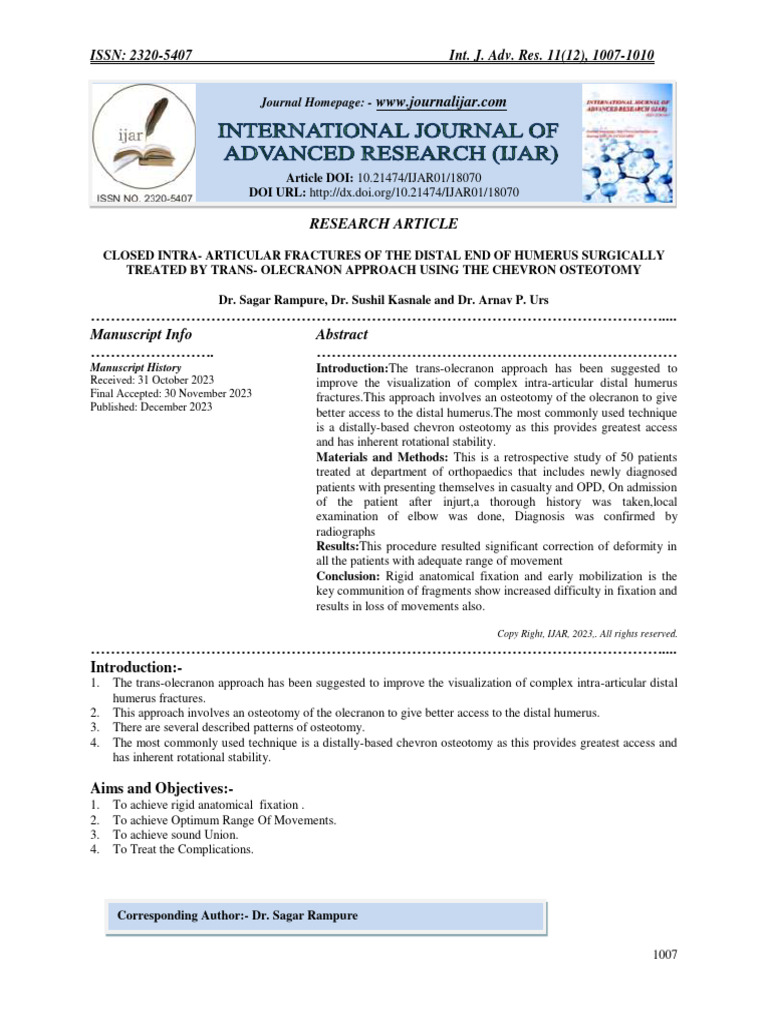 Closed Intra - Articular Fractures of The Distal End of Humerus ...