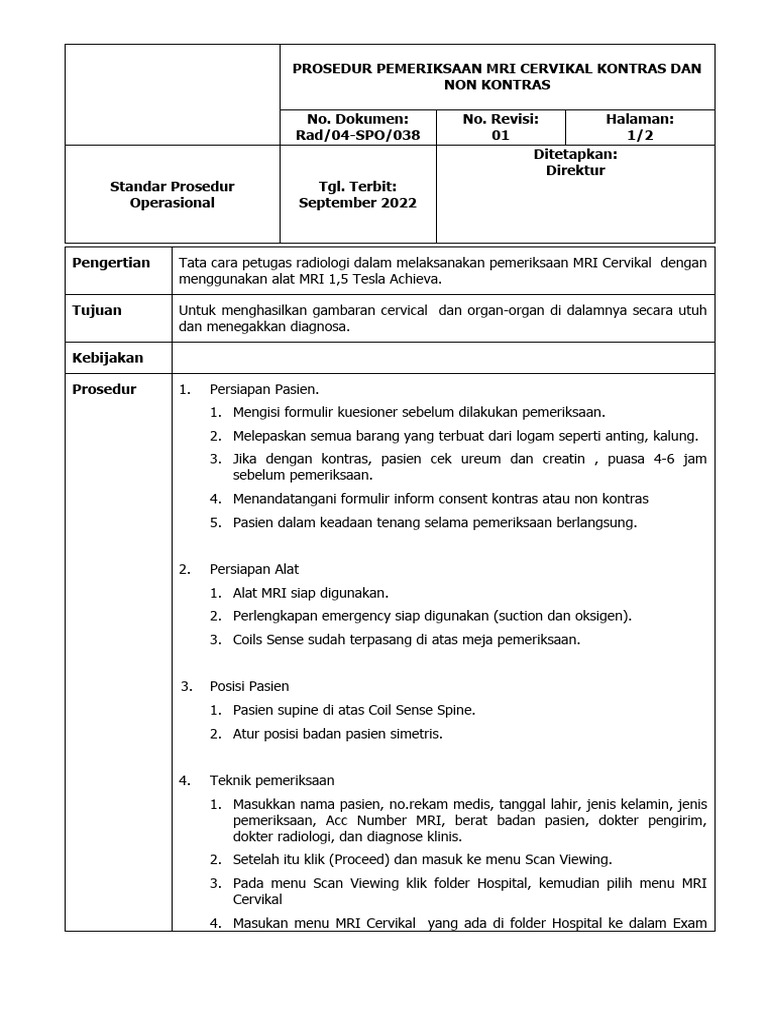 SPO Prosedur Pemeriksaan MRI CERVIKAL | PDF