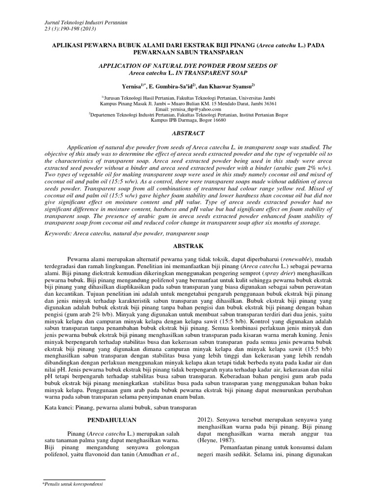 Aplikasi Pewarna Bubuk Alami Dari Ekstrak Biji Pinang (Areca Catechu L.) Pada Pewarnaan Sabun ...