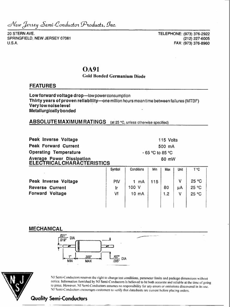 OA91 Gold Bonded Germanium Diode Datasheet | PDF | Electrical Equipment ...