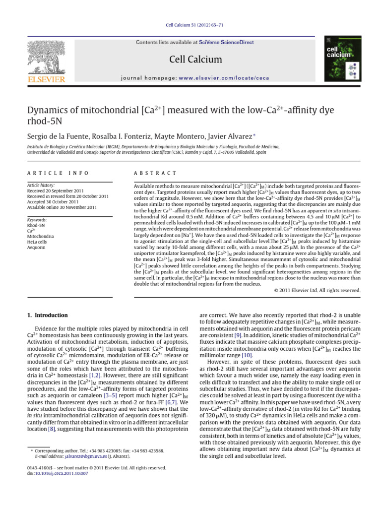 Dynamics of Mitochondrial (Ca2+) Measured With The Low-Ca2+-Affinity Dye | PDF | Calcium In ...