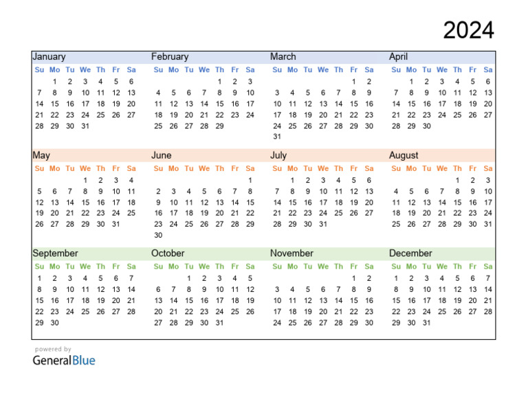 2024 Multi Colored Calendar Sunday Start | PDF