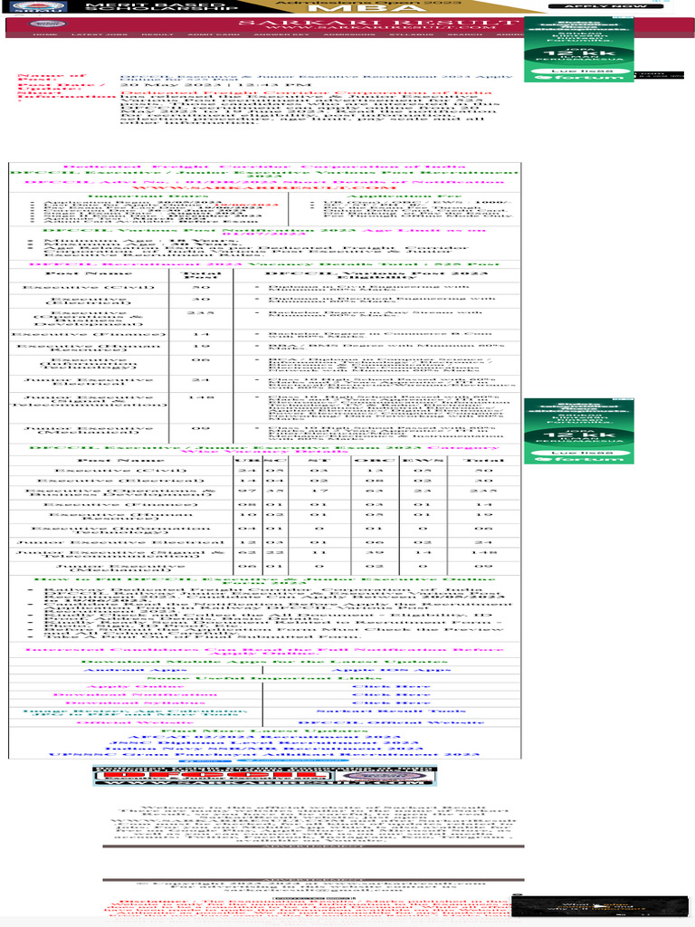 DFCCIL Various Post Online Form 2023 For 525 Post | PDF | Recruitment ...