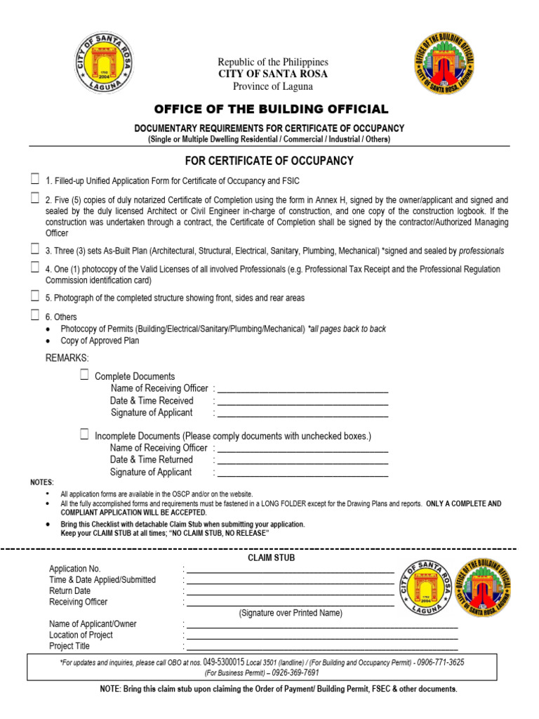 Sta Rosa, Laguna List of Requirements For Occupancy Permit | PDF