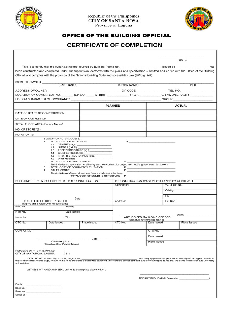 Sta Rosa, Laguna Certificate of Completion | PDF