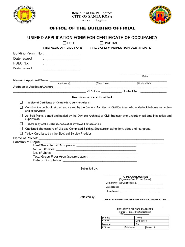 Sta Rosa, Laguna Unified Application Form For Occupancy Permit | PDF Sta Rosa, Laguna Unified Application Form For Occupancy Permit | PDF