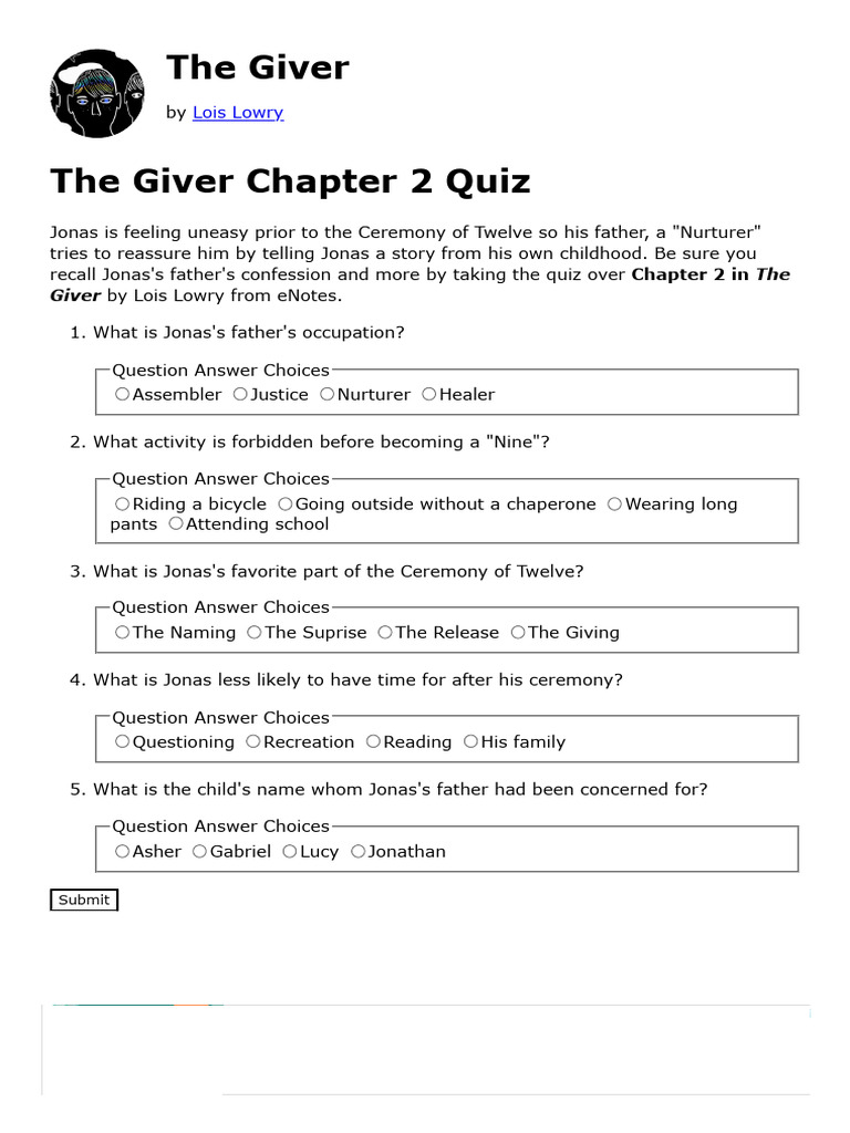 The Giver Chapter 2 Quiz | PDF