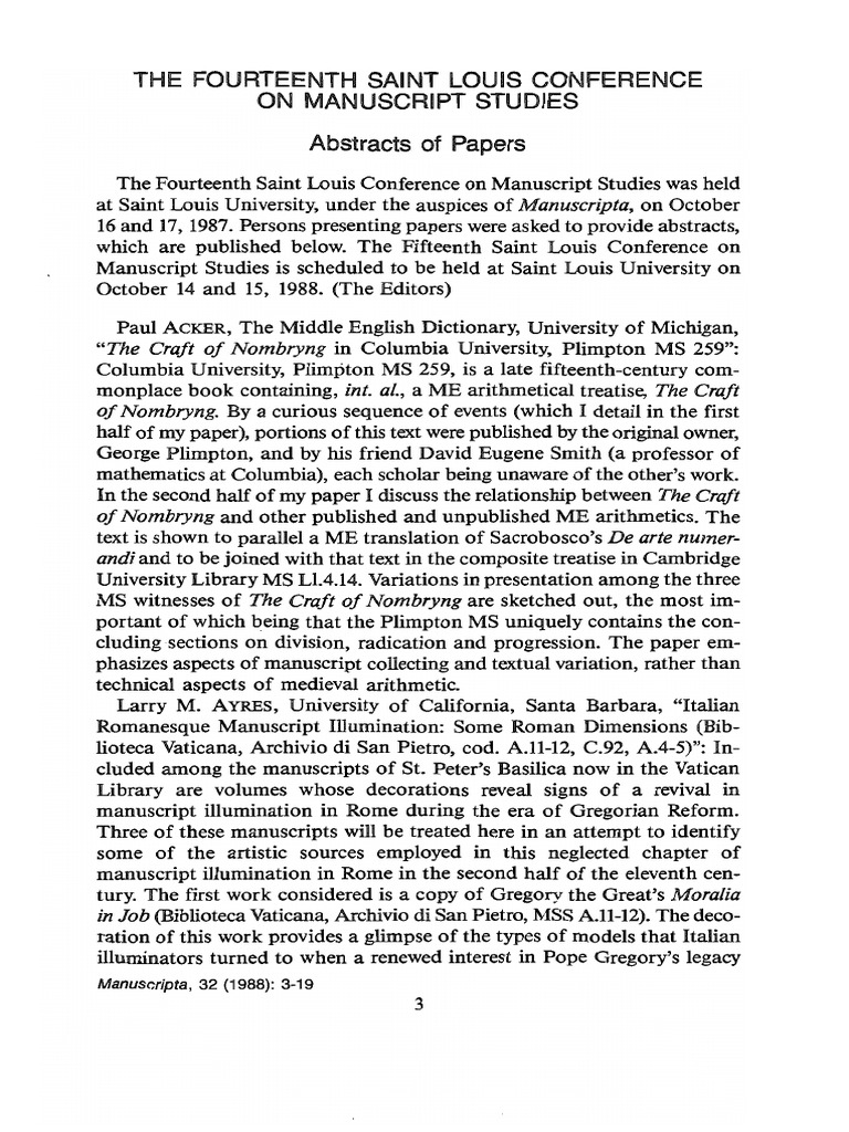 The Fourteenth Saint Louis Conference On Manuscript Studies Abstracts ...