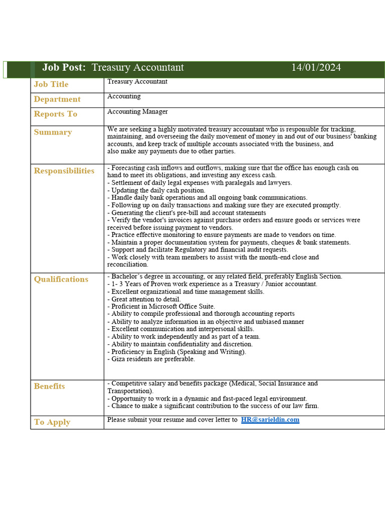 Treasury Accountant - Job Post | PDF | Banks | Cash