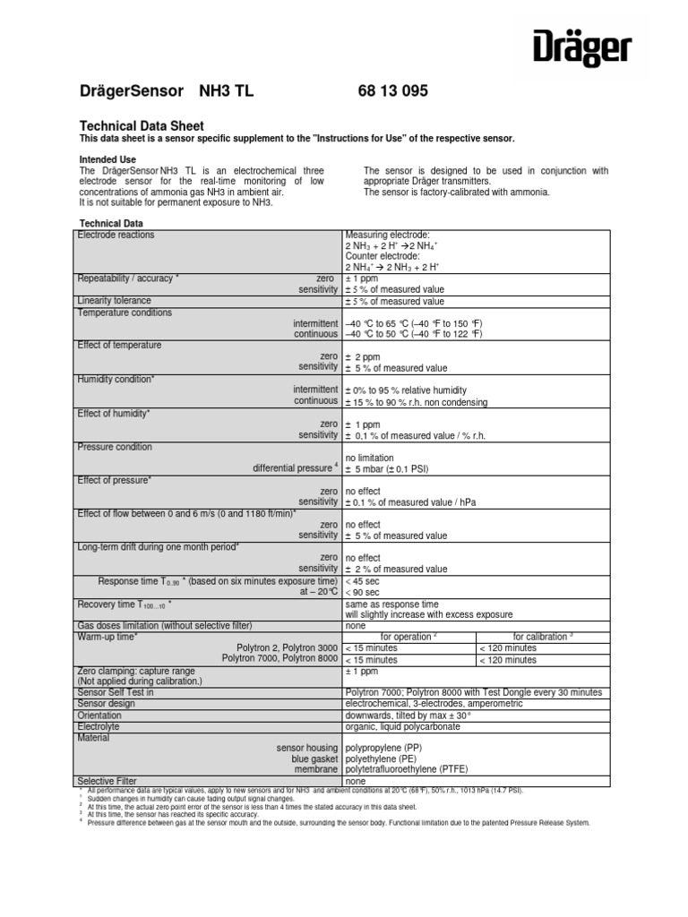 Drägersensor Nh3 TL 68 13 095: Technical Data Sheet | PDF | Ammonia ...