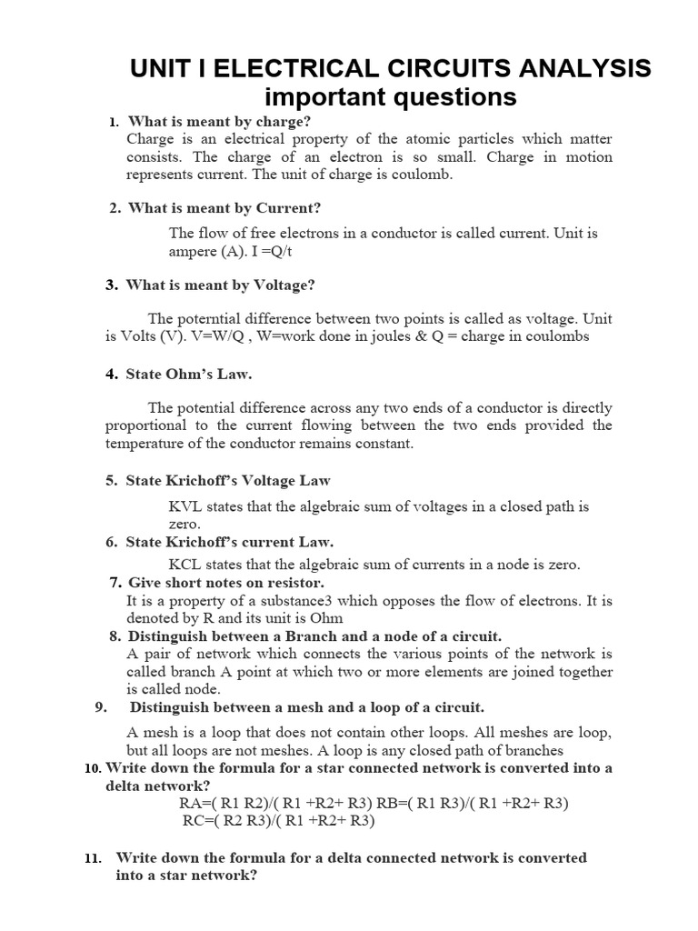 UNIT I ELECTRICAL CIRCUITS ANALYSIS Important Questions | PDF | Voltage | Ac Power