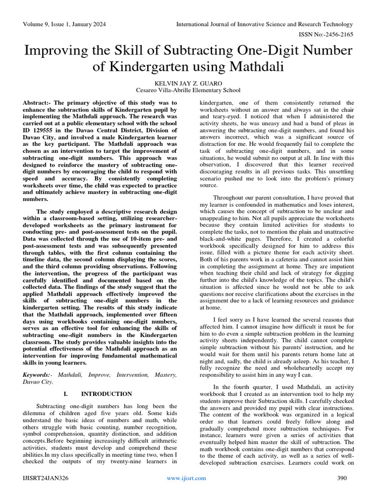 Improving The Skill of Subtracting One-Digit Number of Kindergarten ...