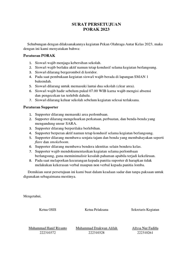 Surat Persetujuan Porak 2023 | PDF