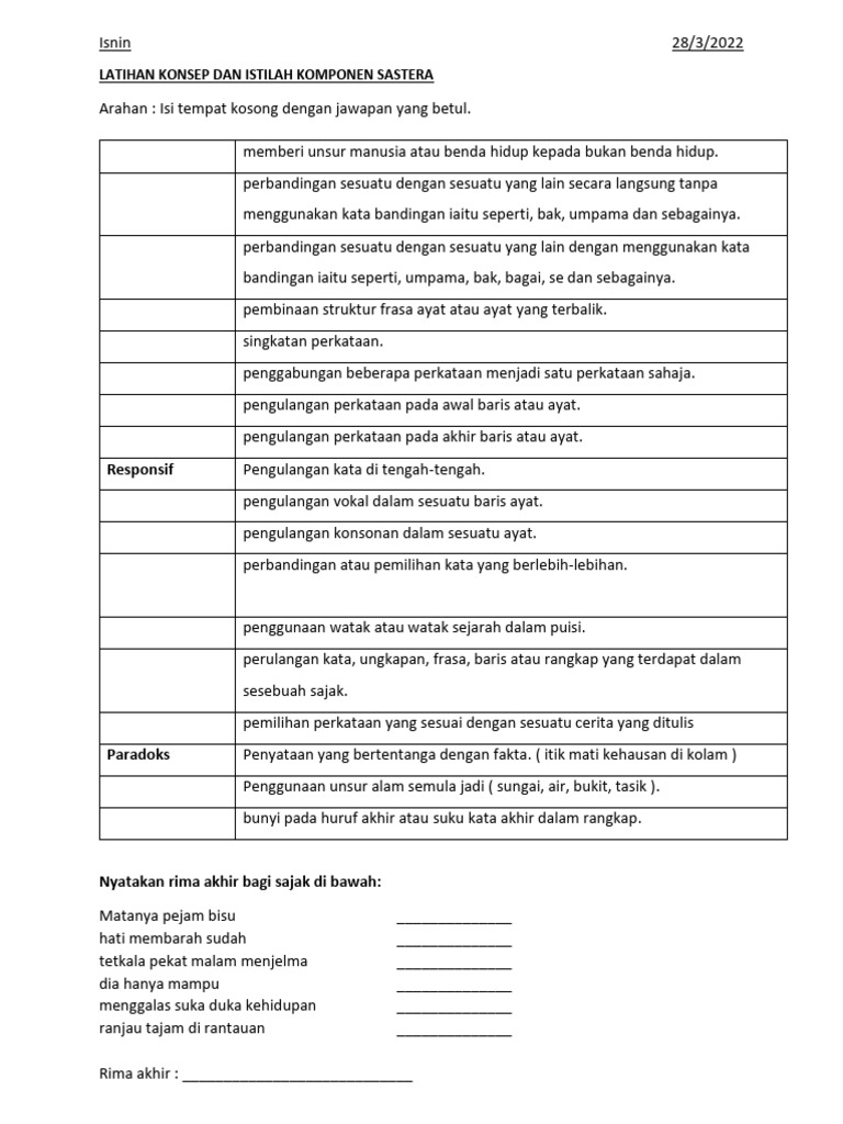 Latihan Konsep Dan Istilah Komponen Sastera | PDF Latihan Konsep Dan Istilah Komponen Sastera | PDF