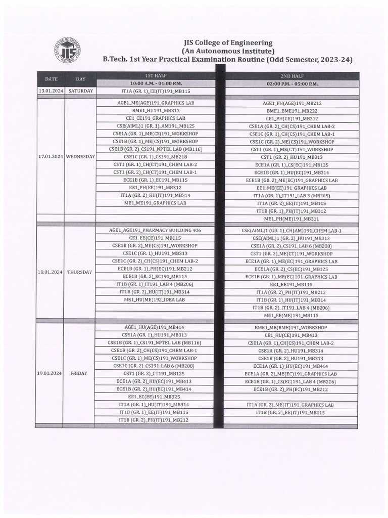 BTech 1st Year Practical Examination Routine (Odd Semester, 2023-24) - 240111 - 181432 | PDF