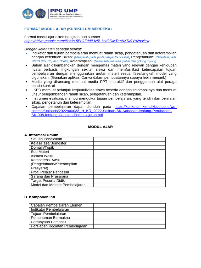 Format Modul Ajar PPG UMP 2023 | PDF | Seni | Komputer