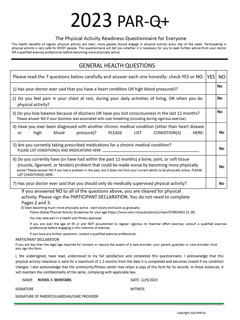 ParQ Plus Jan 2023 | PDF | Heart | Hypertension