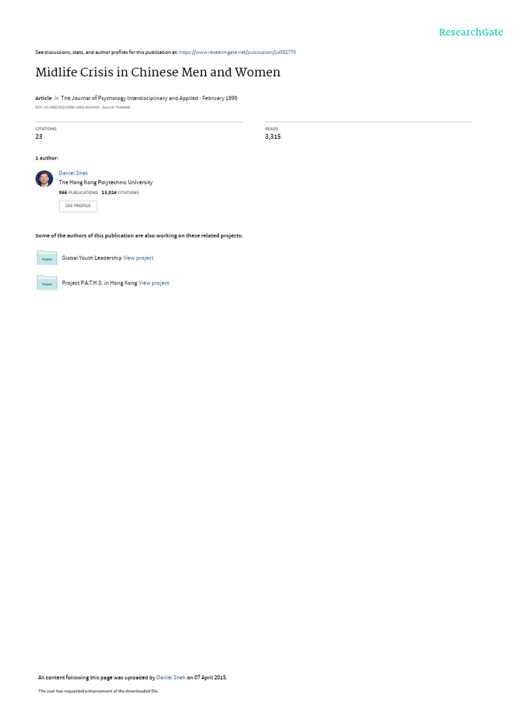 Shek - MIDLIFE CRISIS IN CHINESE MEN AND WOMEn - 1996 | PDF