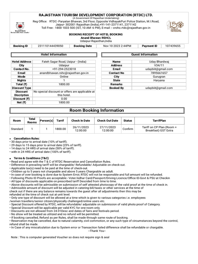 RTDC - Tourism.rajasthan - Gov.in Client Receipt - Aspx | PDF | Government | Payments