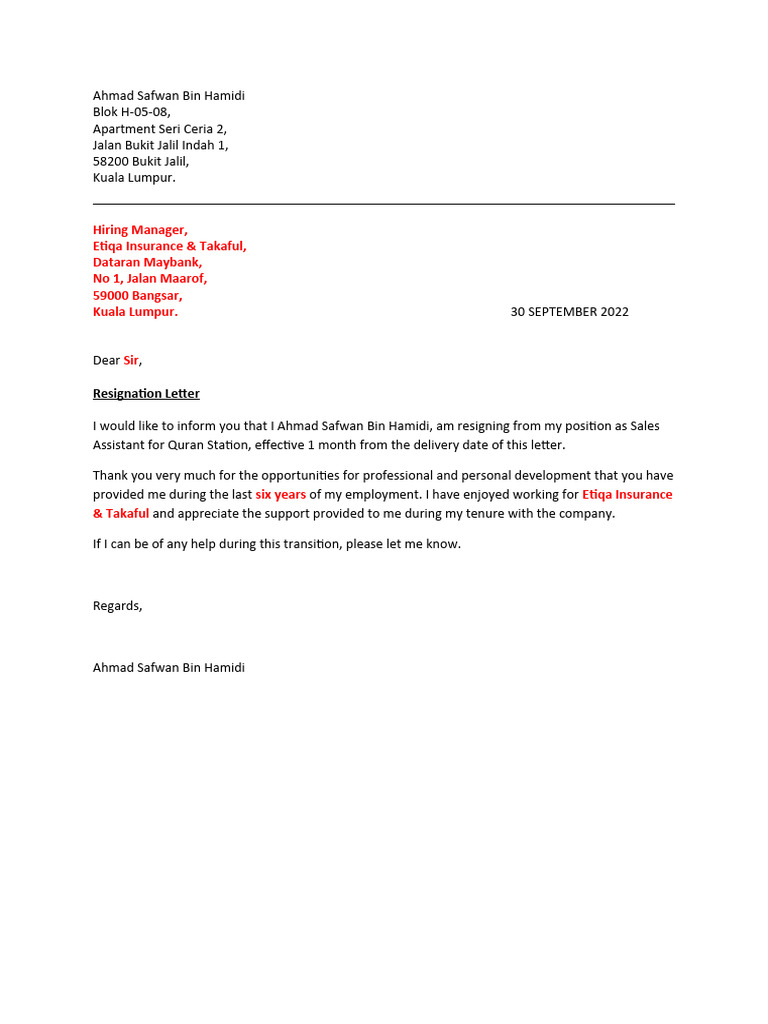 Resignation Letter Ahmad Safwan Bin Hamidi | PDF | Business