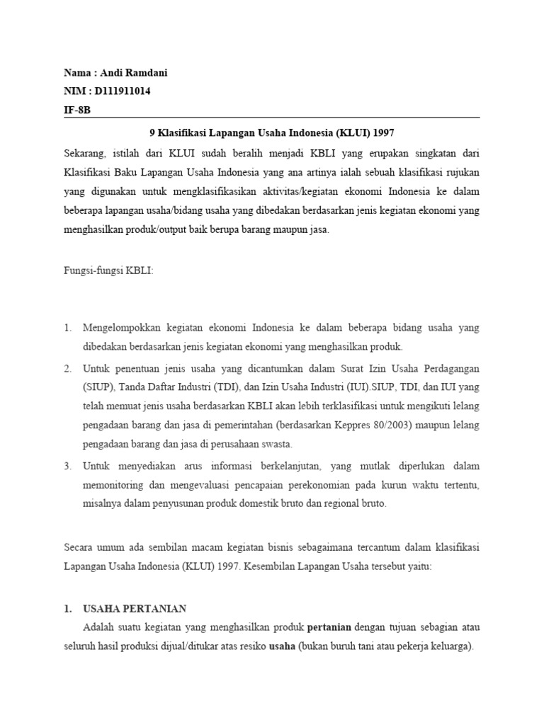 9 Klasifikasi Lapangan Usaha Indonesia (KLUI) 1997 | PDF