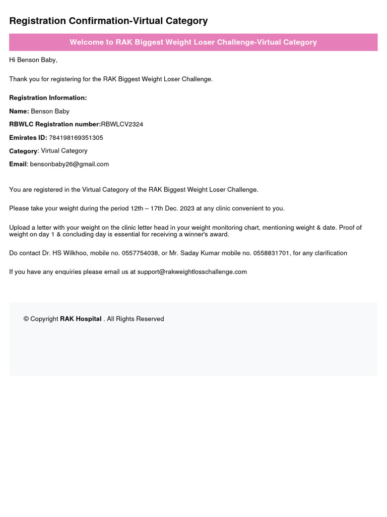 Rak Weight Loss Challenge Registration | PDF