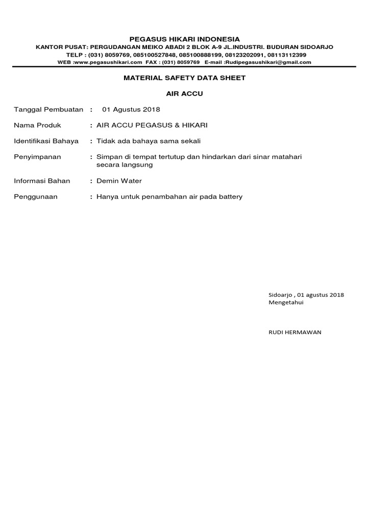 MSDS AIR ACCU Pegasus | PDF