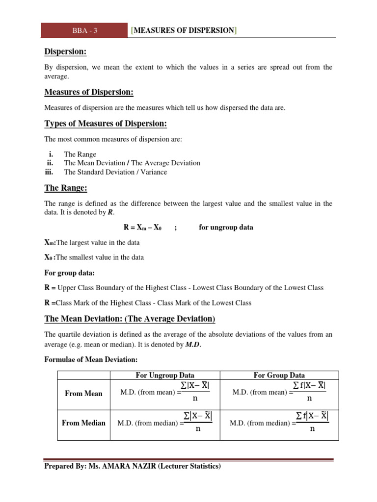 Measure Of Dispersion Pdf Standard Deviation Variance