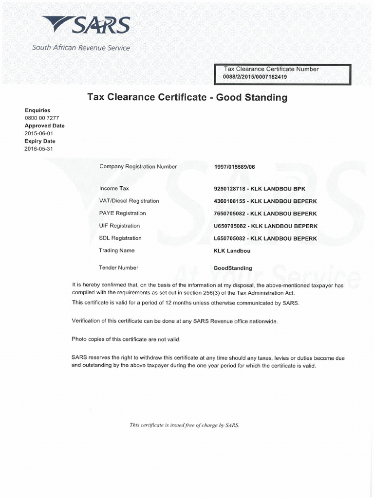 SARS KLK Landbou BPK | PDF