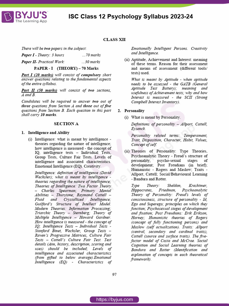 ISC Class 12 Psychology Syllabus 2023 24 | Download Free PDF | Mental ...