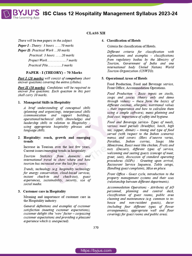 ISC Class 12 Hospitality Syllabus 2023-24 | PDF | Meal | Lunch