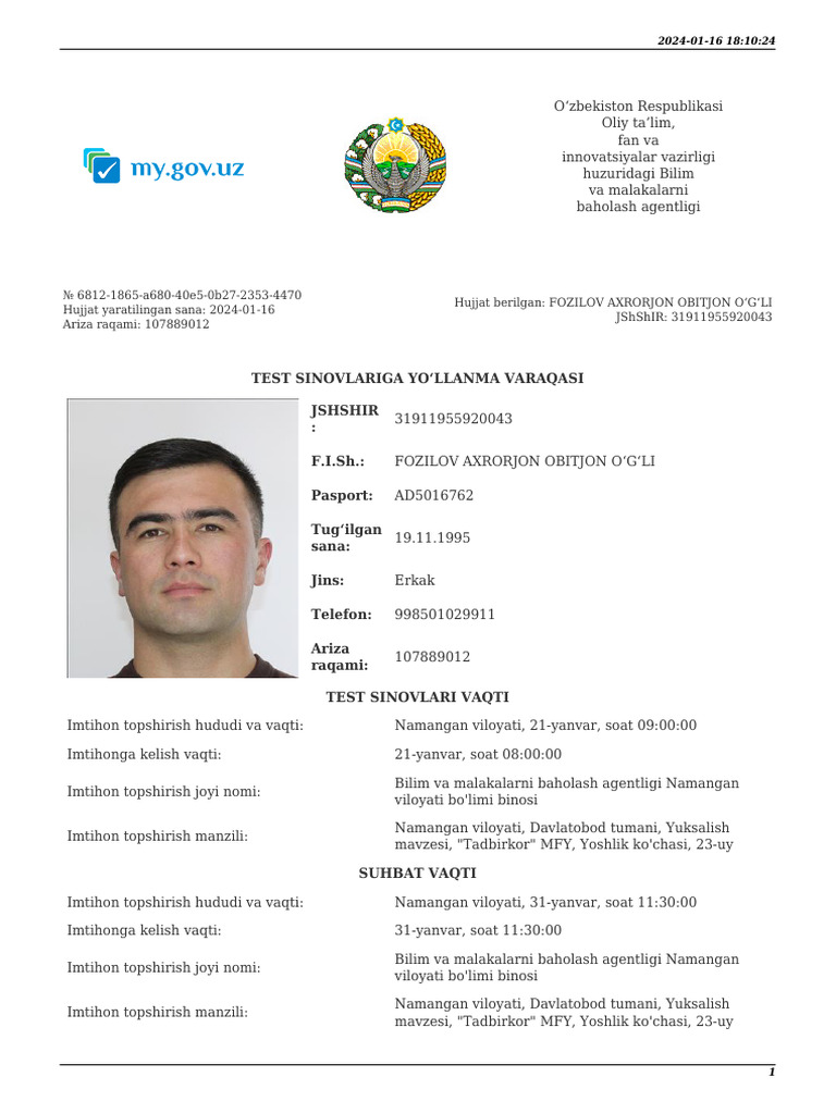 Test Sinovlariga Yo Llanma Varaqasi Jshshir: F.I.Sh.: Pasport: Tug ...