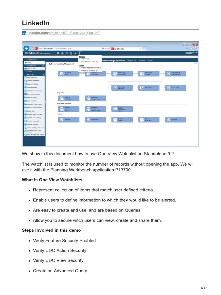 How To Use One View Watchlist On JD Edwards Standalone 9.2-LinkedIn ...