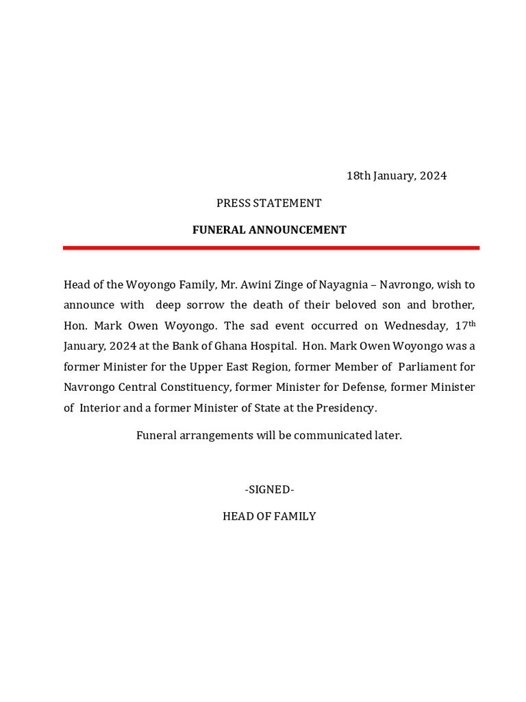 Press Statement - Hon. Mark Owen Woyongo - Funeral Announcement | PDF