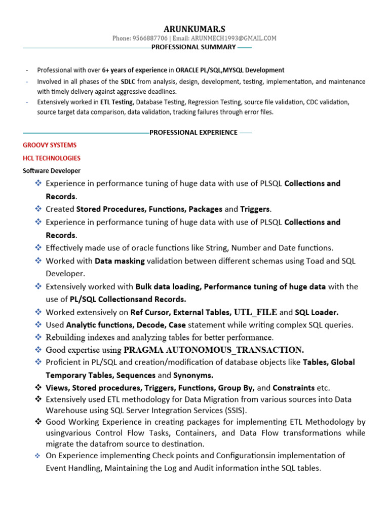 Arunkumar Profile | PDF | Pl/Sql | Databases