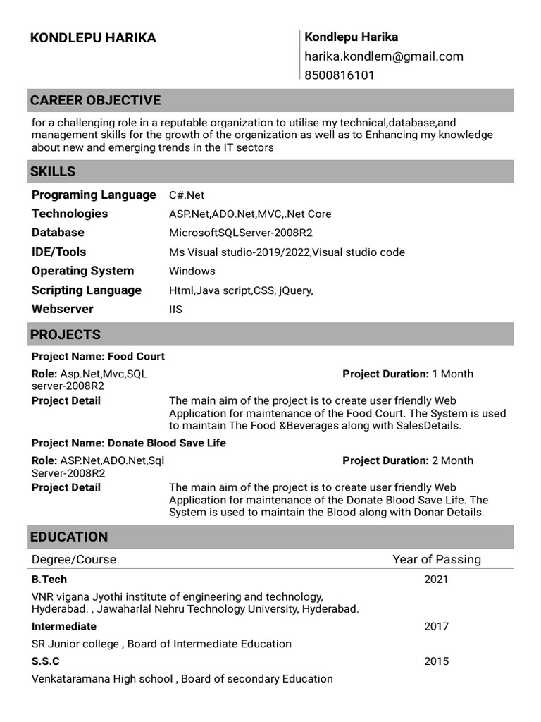 Resume Kondlepu Harika Format2 | PDF | Active Server Pages | Software