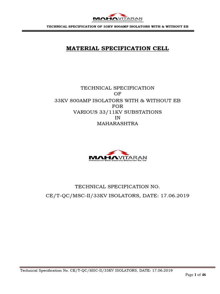 Tech Specification of 33 KV 800amp Isolators With Without EB 17.06.19 | Download Free PDF ...