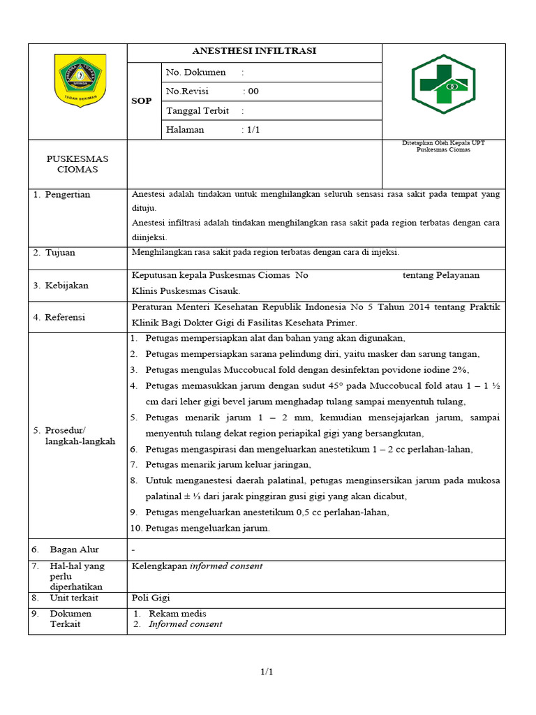Sop Anesthesi Infiltrasi PKM Ciomas | PDF