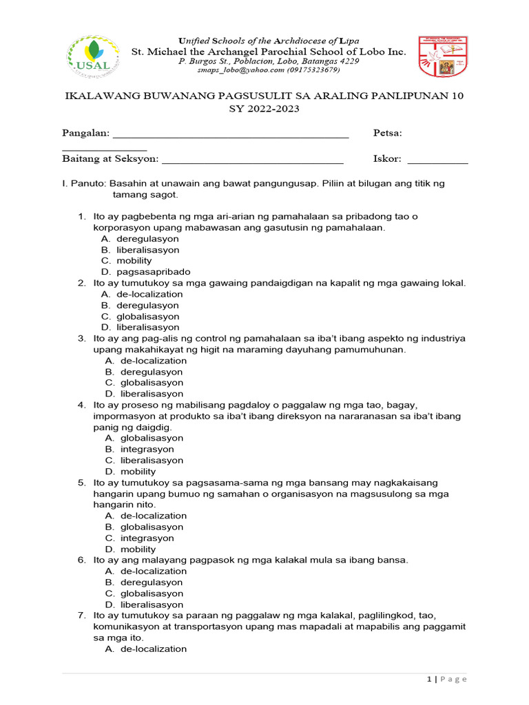 2nd Monthly Exam AP 10 | PDF