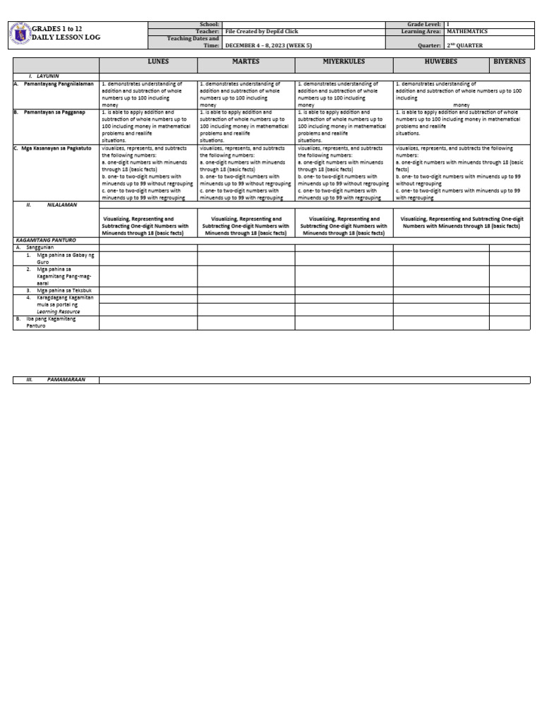 DLL Mathematics 1 q2 w5 | PDF | Subtraction | Arithmetic