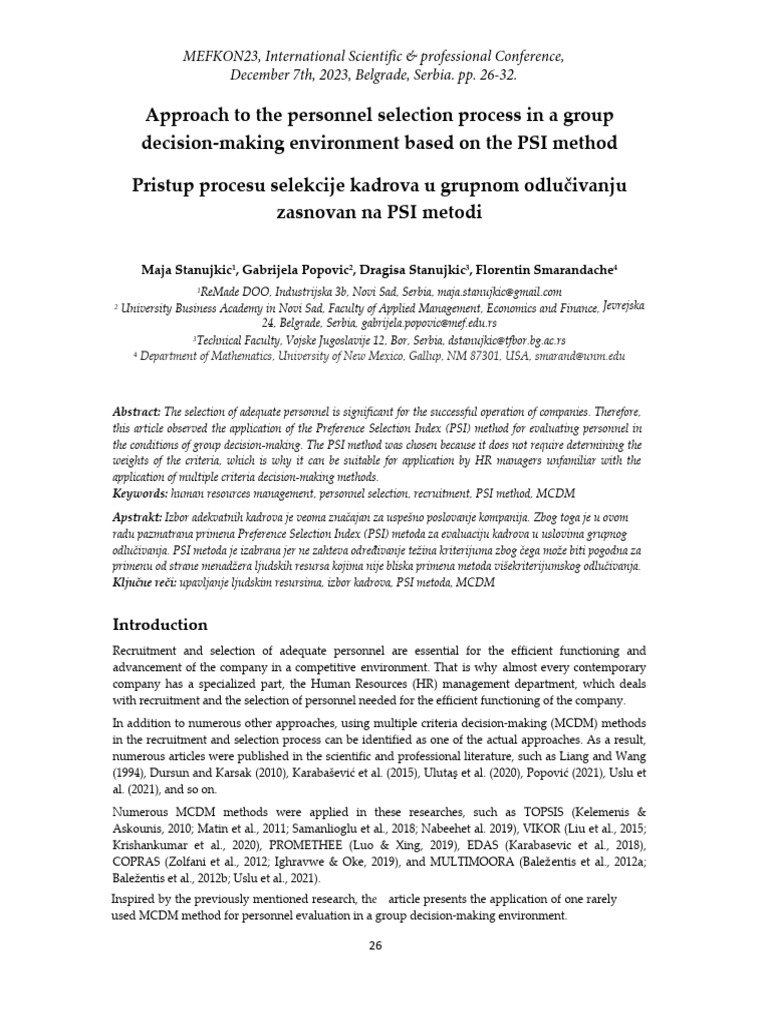 Approach To The Personnel Selection Process in A Group Decision-Making Environment Based On The ...