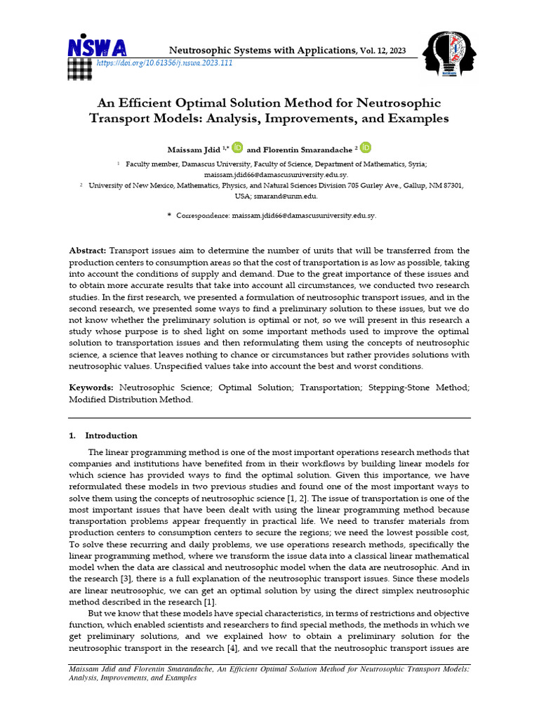 An Efficient Optimal Solution Method For Neutrosophic Transport Models: Analysis, Improvements ...