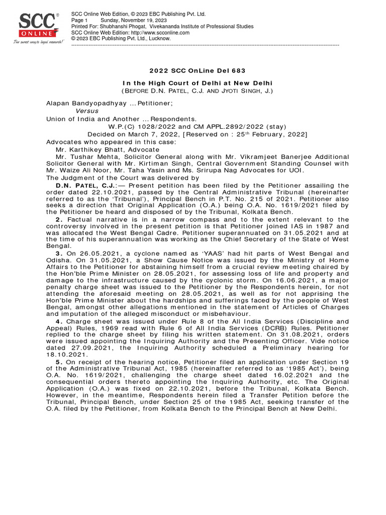 Alapan Bandyopadhyay v. Union of India, 2022 SCC OnLine Del 683 | PDF | Separation Of Powers ...