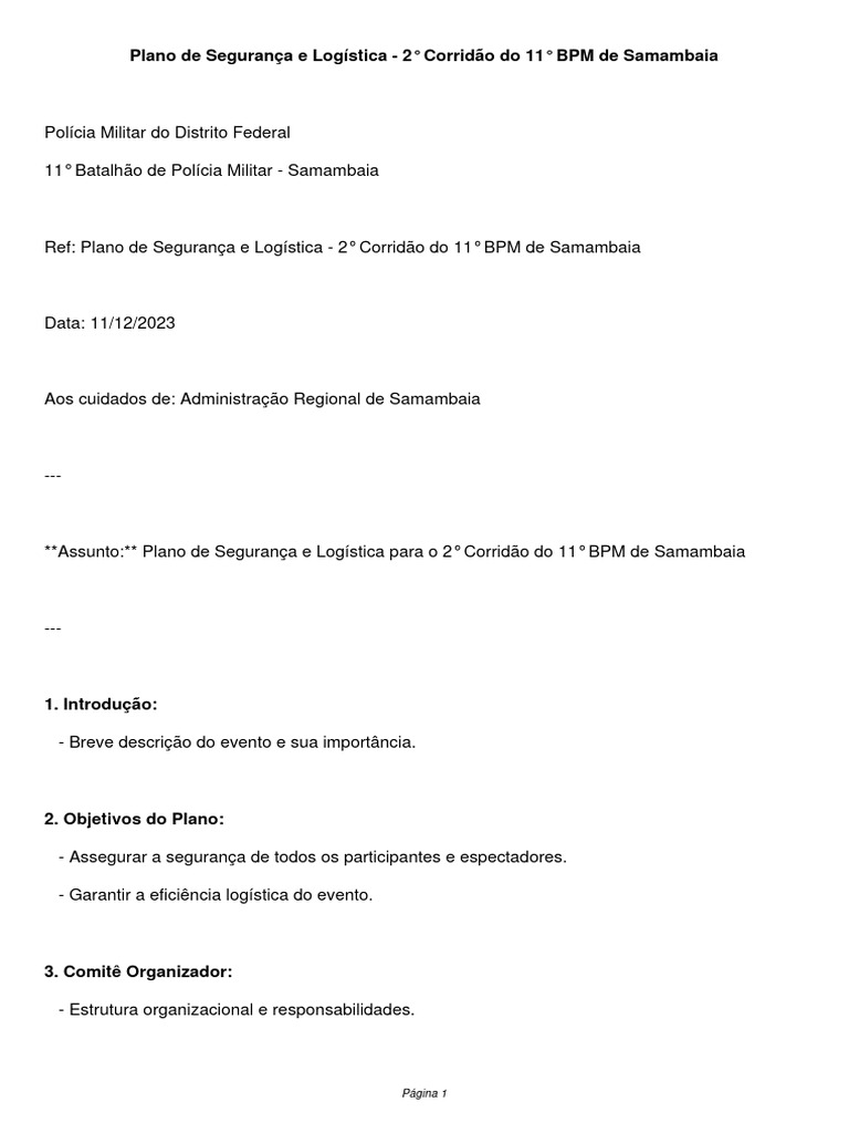 Plano de Seguranca e Logistica 2 Corridao 11 BPM Samambaia | PDF ...