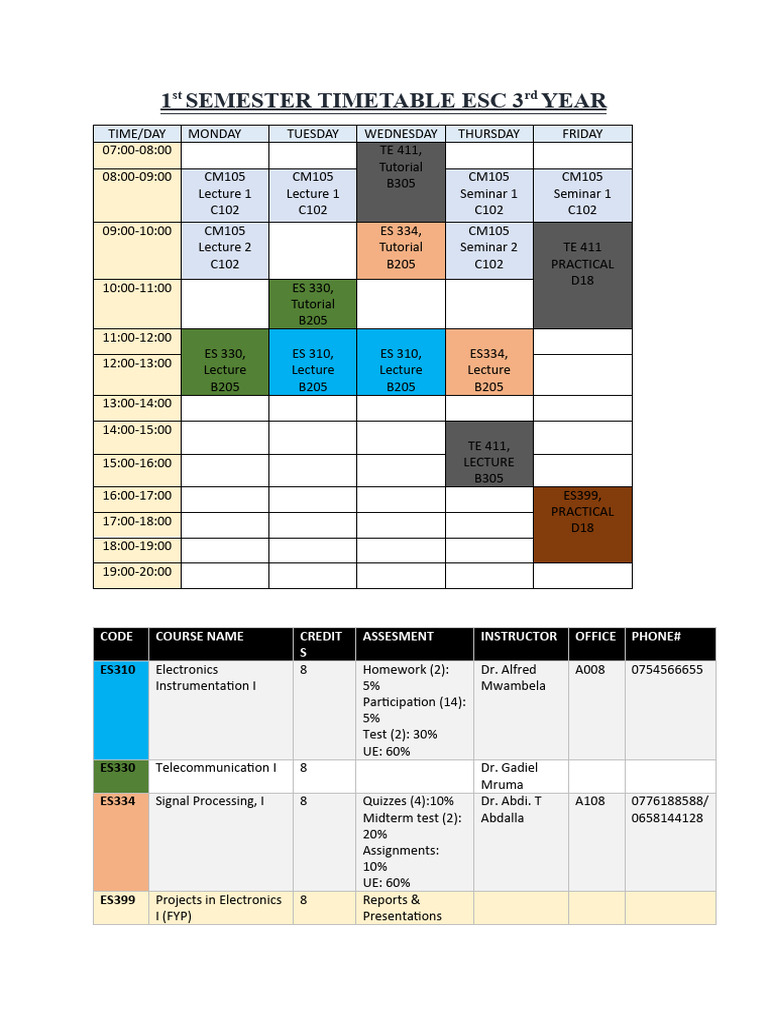 1st Semester Timetable Esc 3rd Year | PDF | Electronics