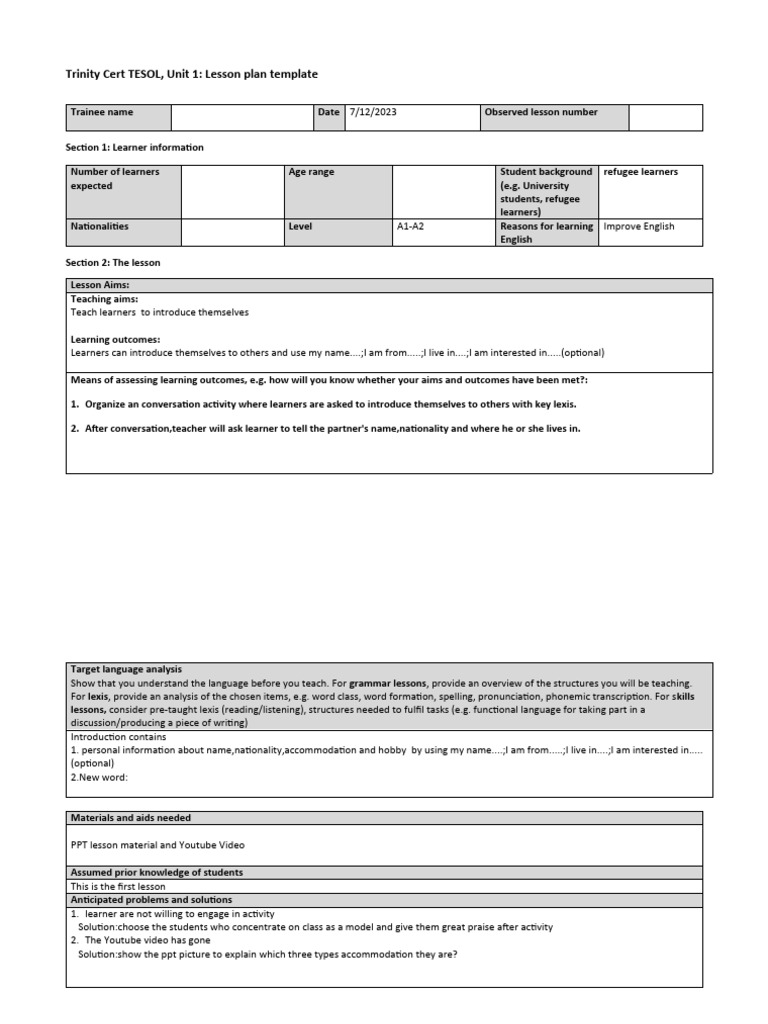TESOL Lesson Plan for Refugee Learners | PDF | Learning | Lesson Plan